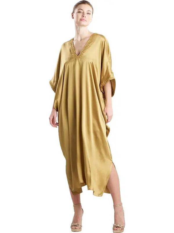 Natori Key Essentials Embellished Silk Caftan - Black / Gold / Metallic