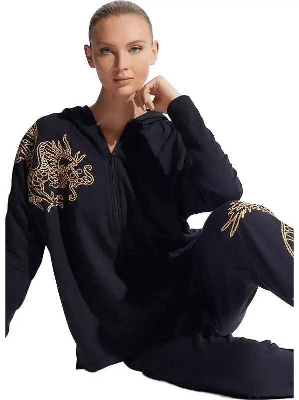 Natori Cocoon Embroidered Dragon Hoodie - Black