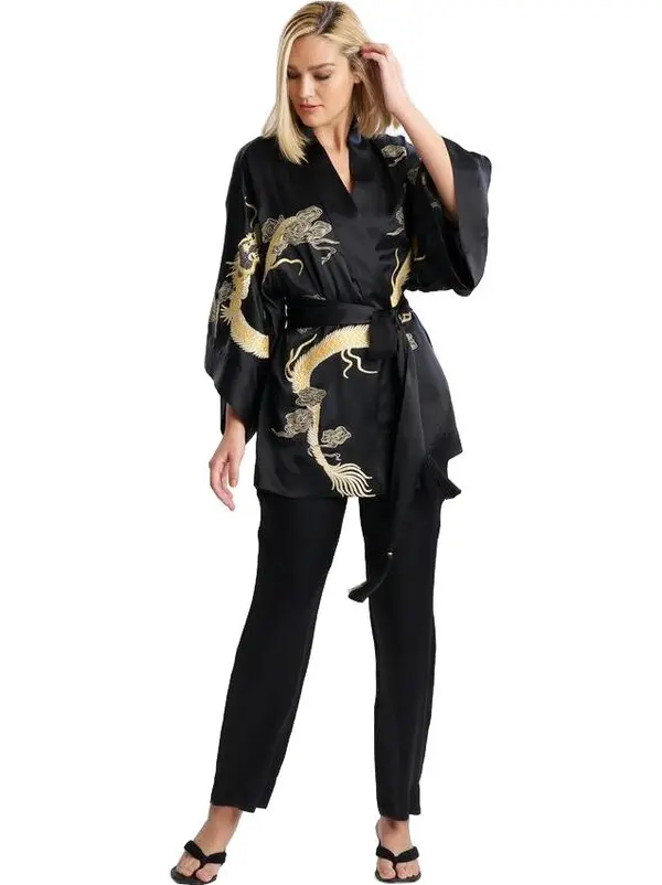 Natori Couture Lucky Dragon Embroidered Silk Wrap - Black