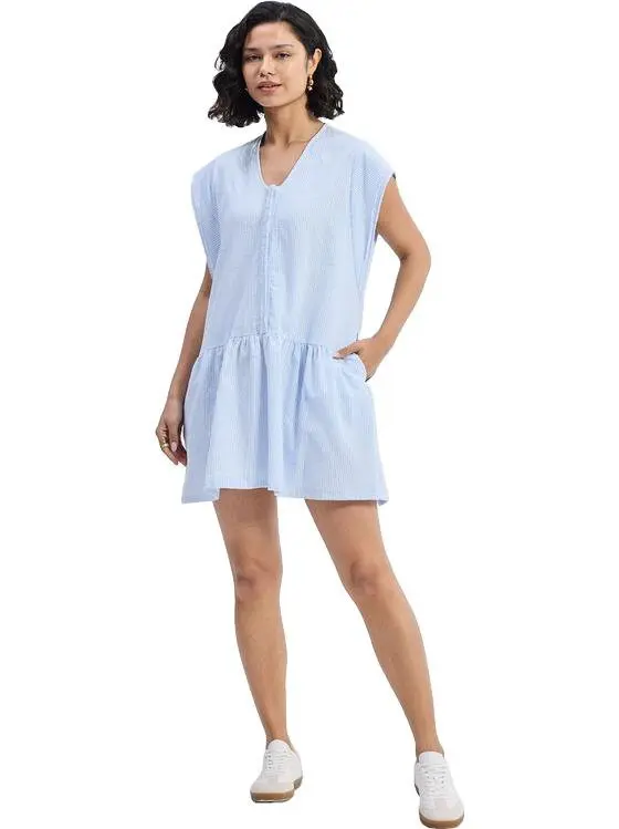 REISTOR Oversized V-neck Mini Dress With Frayed Sleeves - Stripe