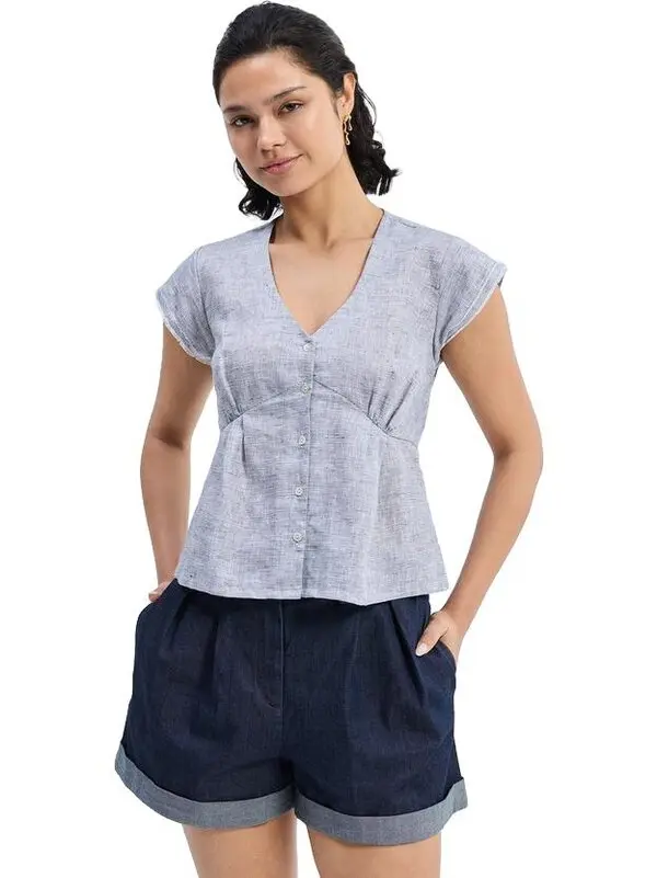 REISTOR Linen Deep V-neck Short Top - Stripe