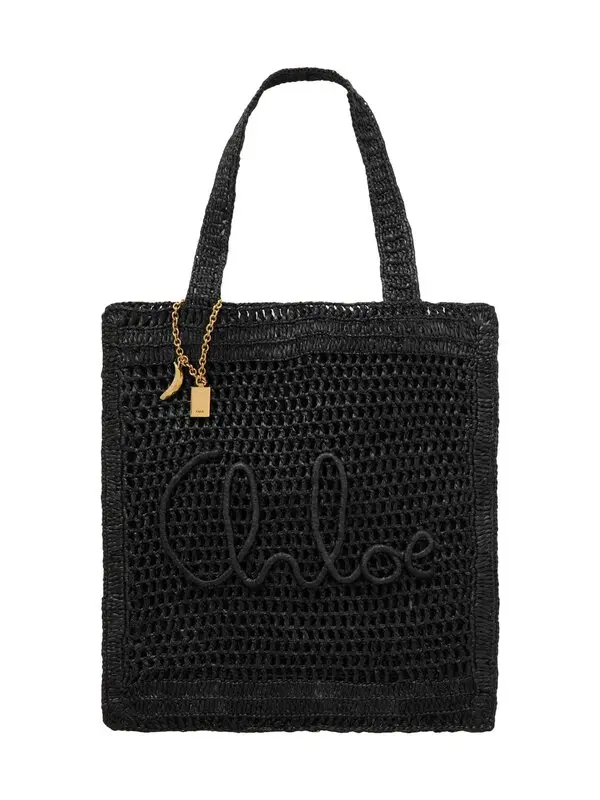 Chloé Summer Banana Embellished Crocheted Faux Raffia Tote - Black