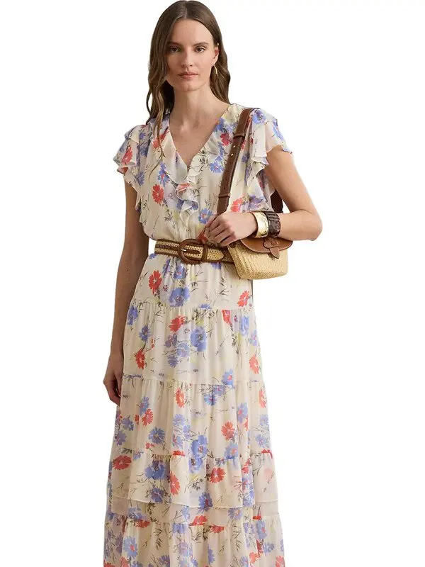 Ralph Lauren Floral Belted Georgette Tiered Midi Dress - Cream Multi