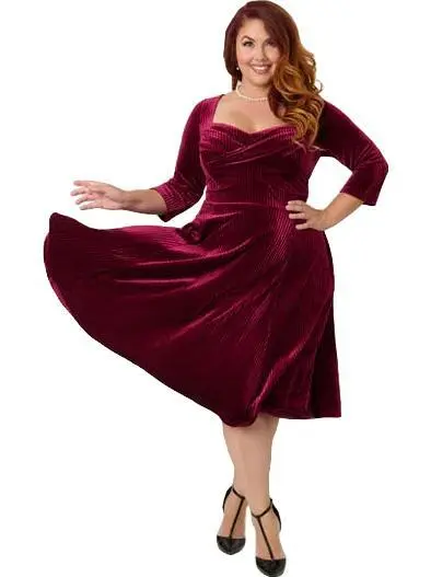 Unique Vintage Pleated Bust Swing Dress - Merlot