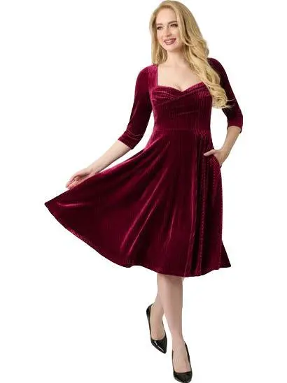 Unique Vintage Swing Dress With Pleated Bust - Merlot