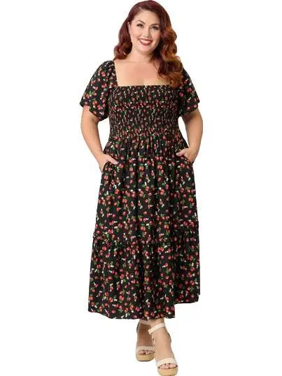 Unique Vintage Smocked Bodice Midi Dress - Black W/strawberry Print