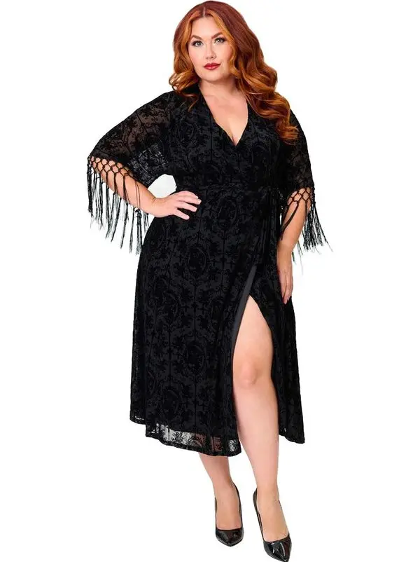Unique Vintage Tie Wrap Surplice Midi Dress - Black Solid