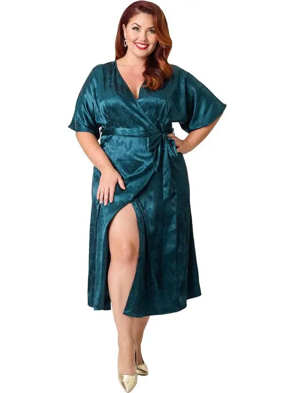 Unique Vintage Tie Wrap Surplice Midi Dress - Teal Floral