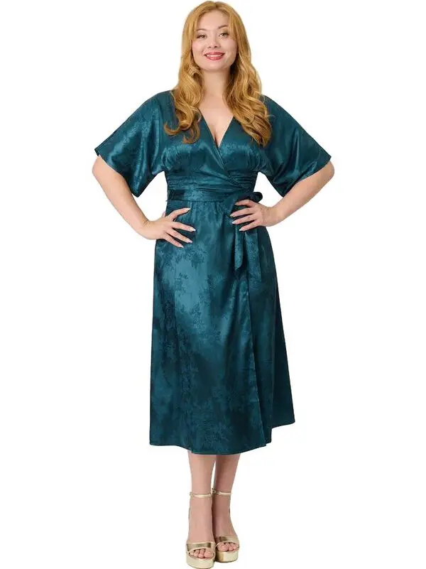 Unique Vintage Tie Wrap Surplice Midi Dress - Teal Floral