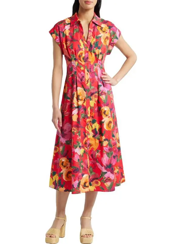 Julia Jordan Floral Stretch Cotton Midi Shirtdress - Red Multi