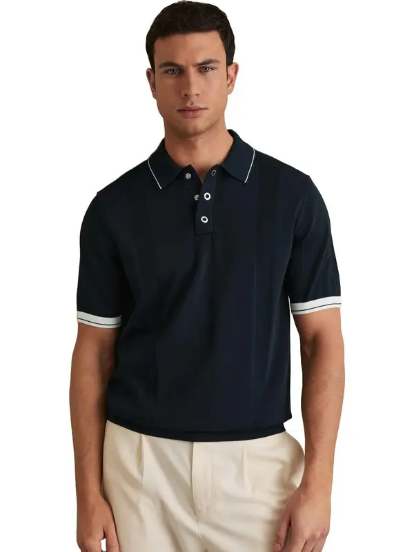 REISS Portman Tipped Knit Polo Shirt - White/navy
