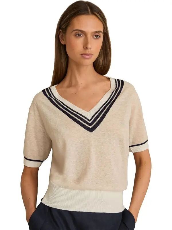 REISS Ida V-neck Fine-knit Cricket Top - Neutral