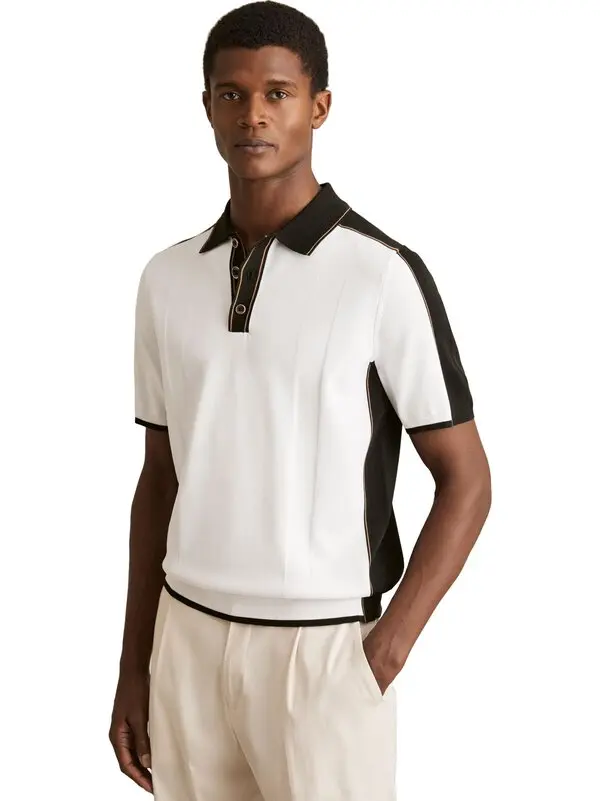 REISS Pentel Colour-block Knit Polo Shirt - Optic White/green