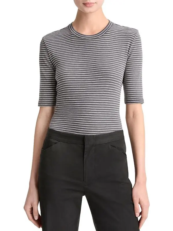Vince Striped Elbow Sleeve Crewneck Tee - Oceana Combo
