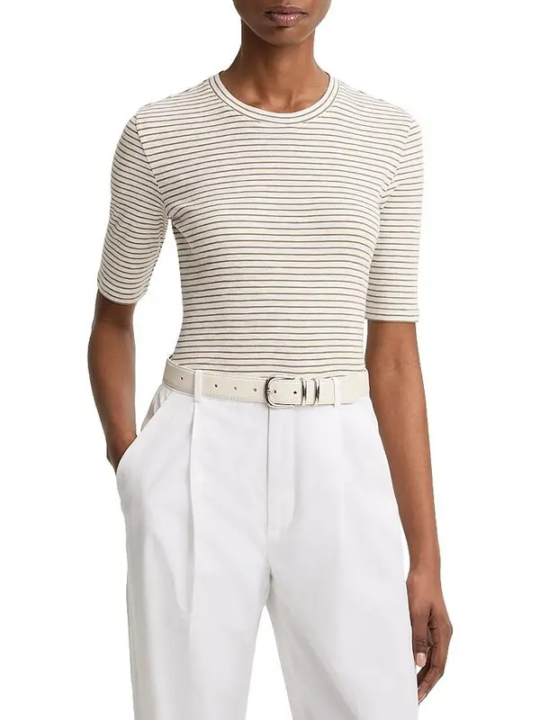 Vince Striped Elbow Sleeve Crewneck Tee - Tapenade Combo