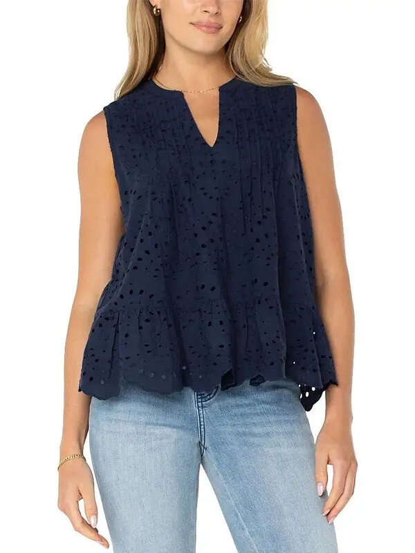 LIVERPOOL Eyelet Pintuck Top - Navy