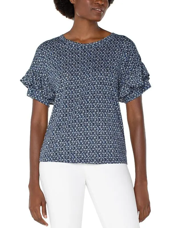 LIVERPOOL Ruffled Sleeve Top - Navy Cream Batik