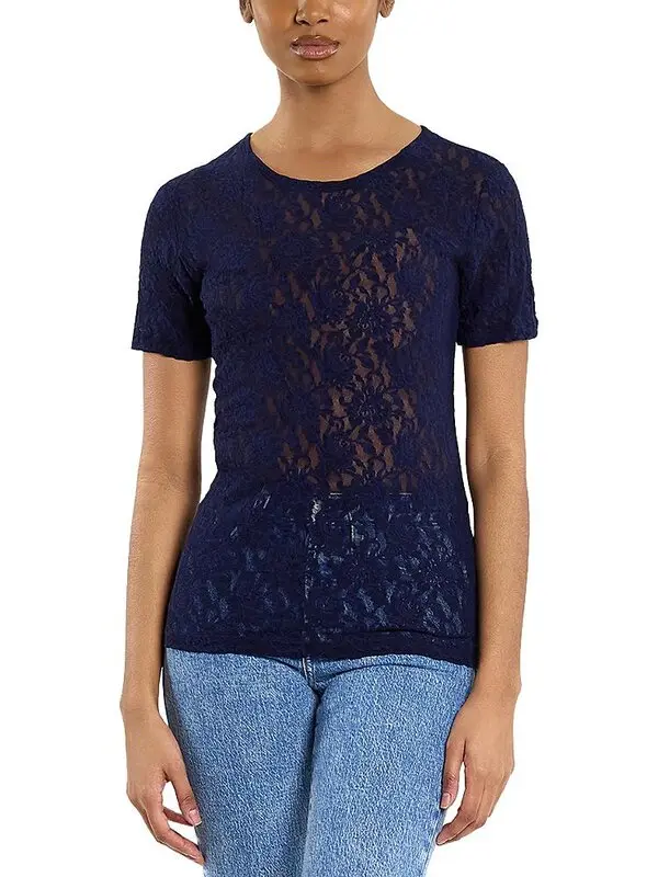 Hanky Panky Signature Short Sleeve Lace Top - Navy