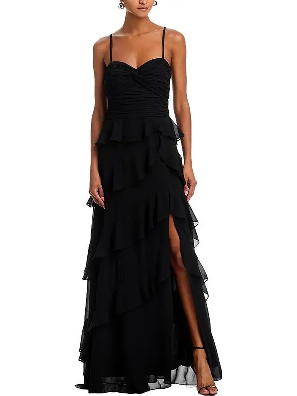 Aqua Chiffon Tiered Ruffled Gown - Black