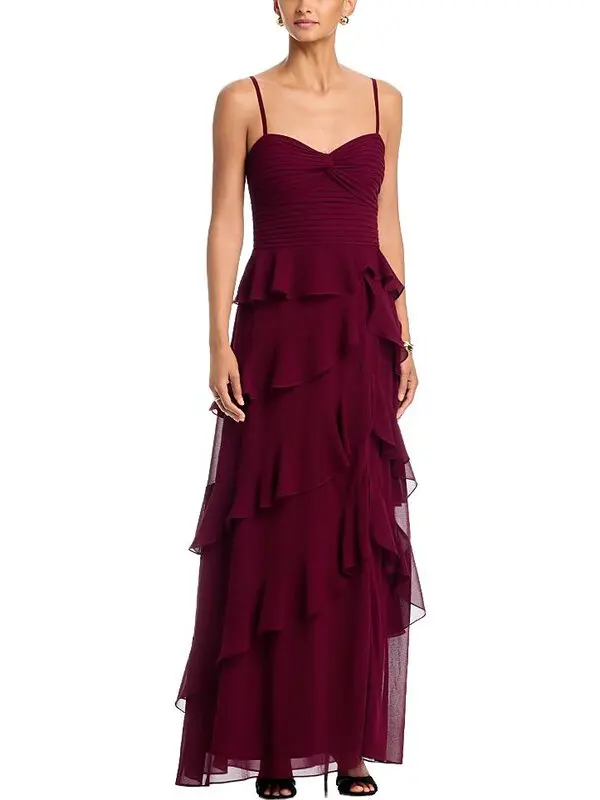 Aqua Chiffon Tiered Ruffled Dress - Wine