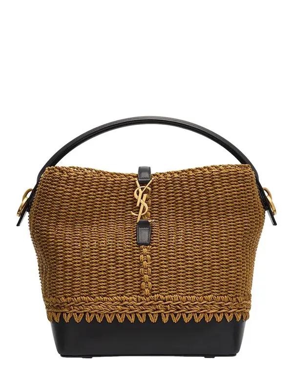 Saint Laurent Le 37 Bucket Bag In Raffia And Leather - Brownie/nero
