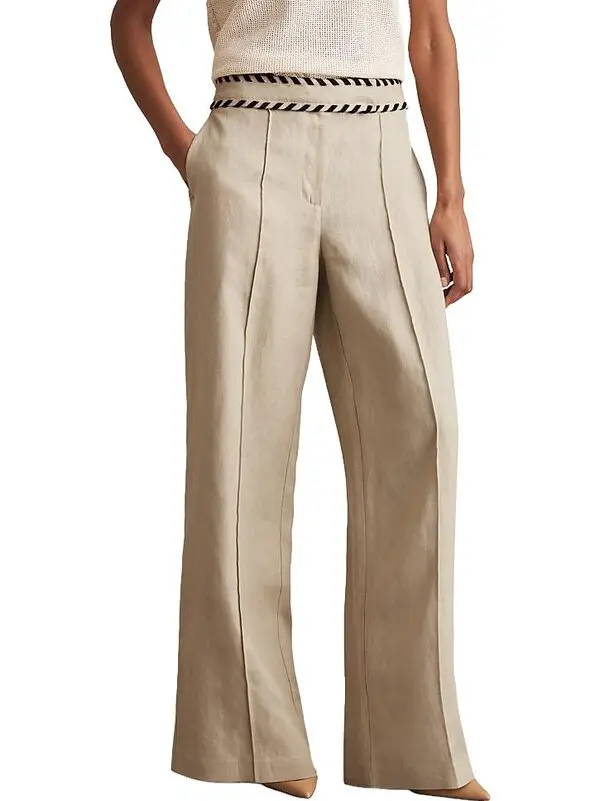 REISS Whipstitched Waist Wide Leg Trousers - Neutral