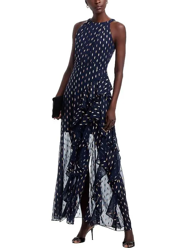 Aqua Metallic Crescent Chiffon Gown - Navy/copper