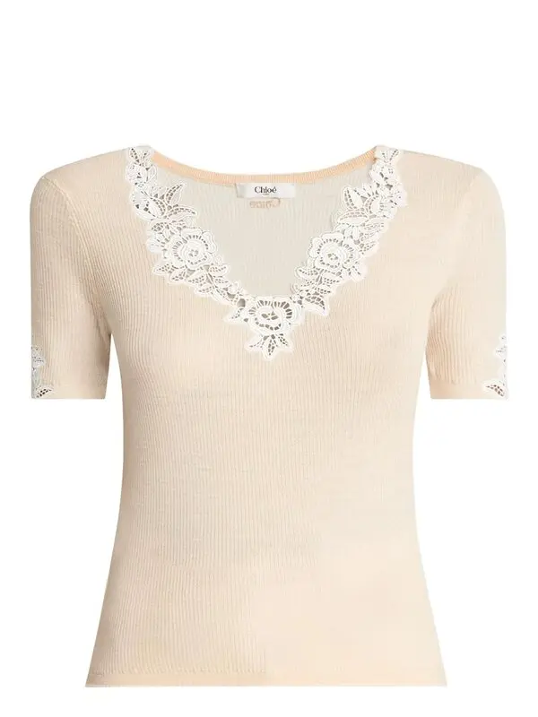 Chloé Floral Guipure Lace V-neck Fitted Top - Bleached Orange