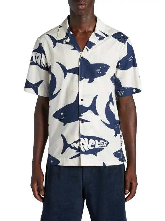 Moncler Shark Print Cotton Snap-up Shirt - Blue