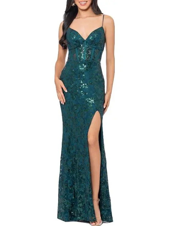 BLONDIE NITES Sequin Tapestry Sheath Gown - Hunter