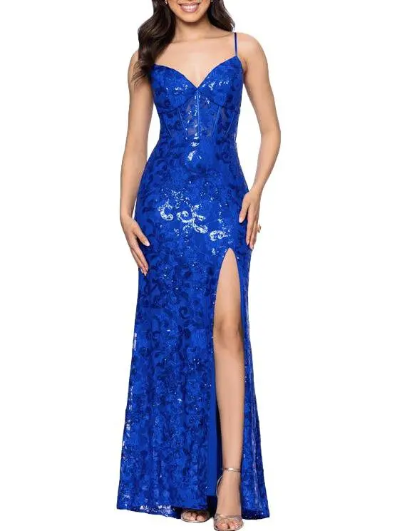 BLONDIE NITES Sequin Tapestry Sheath Gown - Royal