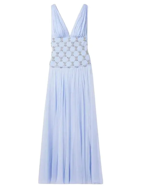 Sabina Bilenko Cody Chiffon And Crystal-embellished Silk-crepe Gown - Blue