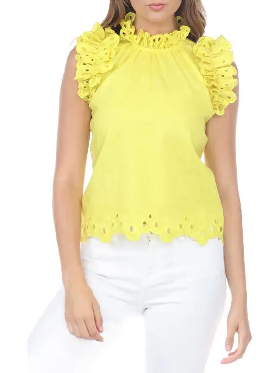 RAIN AND ROSE Eyelet Linen & Cotton Top - Yellow
