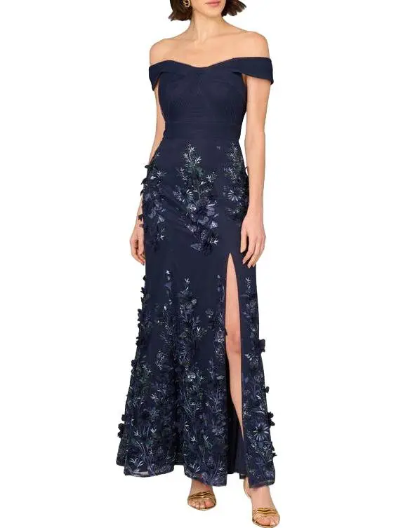 Adrianna Papell Aidan Mattox Sequin Embellished Off The Shoulder Mermaid Gown - Navy