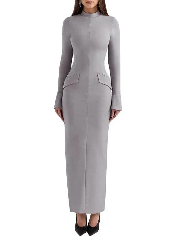 House Of Cb Marie Louise Long Sleeve Maxi Dress - Light Grey Melange