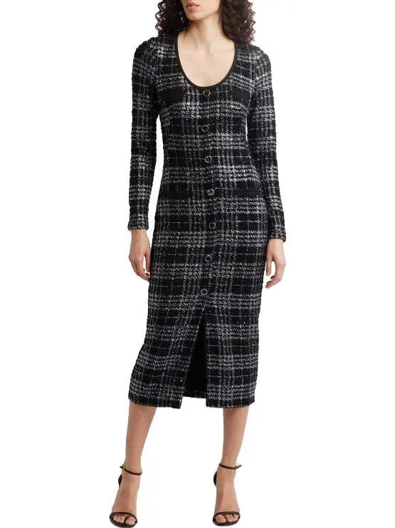 Black Halo Mae Long Sleeve Tweed Midi Dress - Carbon Class