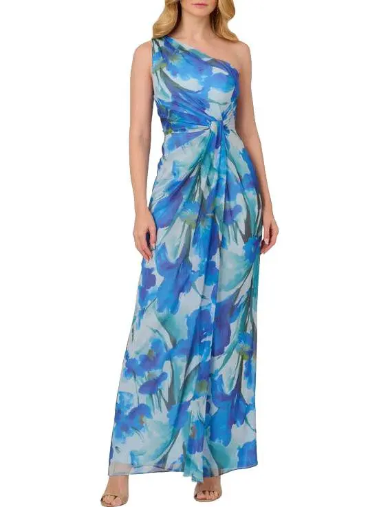 Adrianna Papell Draped One-shoulder Chiffon Dress - Blue Multi