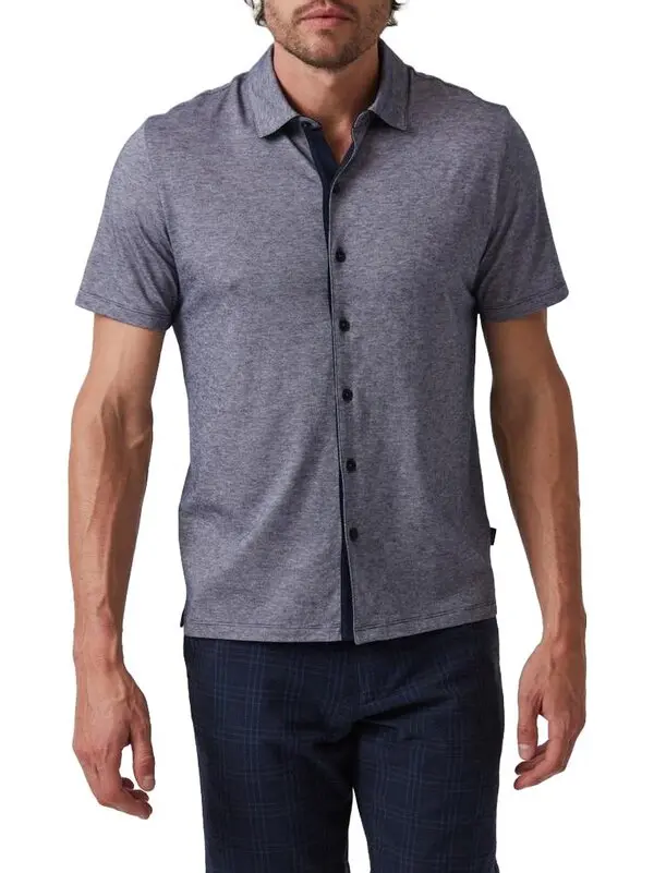34 Heritage Pima Cotton Knit Short Sleeve Button-up Shirt - Indigo