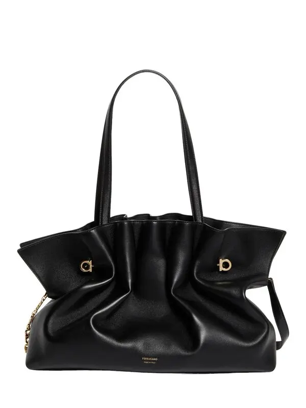 FERRAGAMO Gancio Piercing Soft Leather Shoulder Bag - Nero