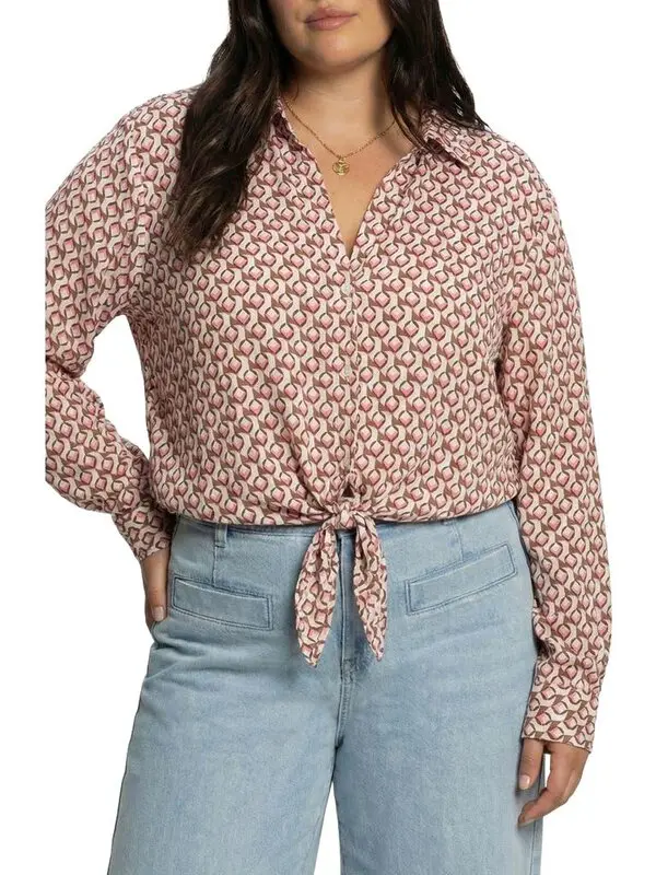Sanctuary Lover Print Tie Hem Crop Sateen Shirt - Petal Grid Pink