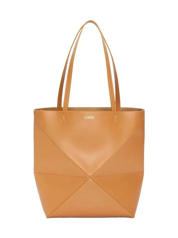 Loewe Puzzle Fold Tote In Shiny Calfskin - Warm Desert