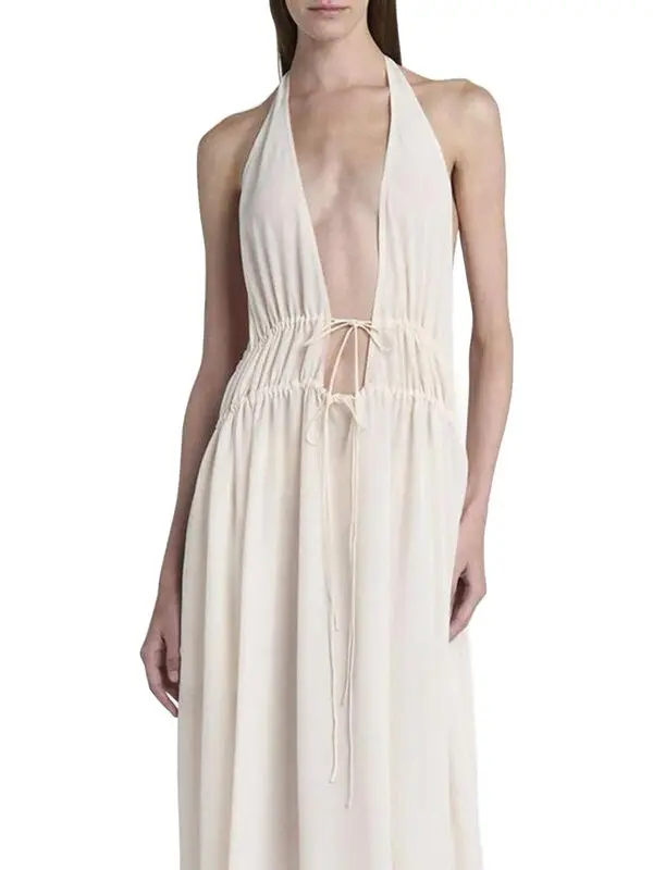 Stella McCartney Plunging Tie Halter Crepe De Chine Maxi Dress - Natural