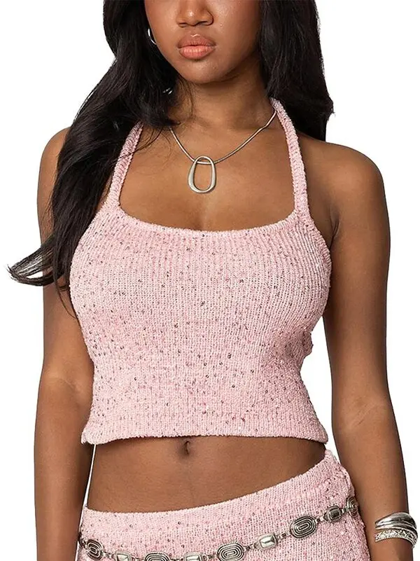 EDIKTED Shaylee Sequin Knit Backless Top - Light Pink