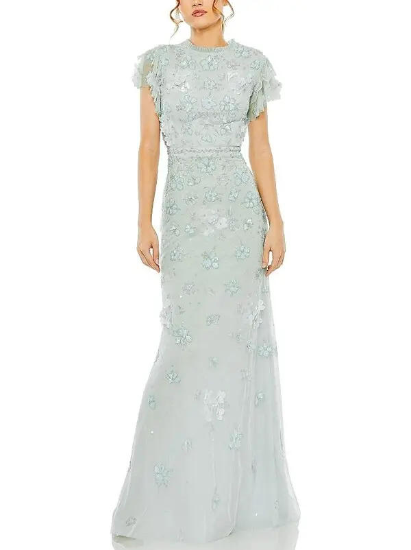 Mac Duggal Floral Embellished High Neck Gown - Periwinkle