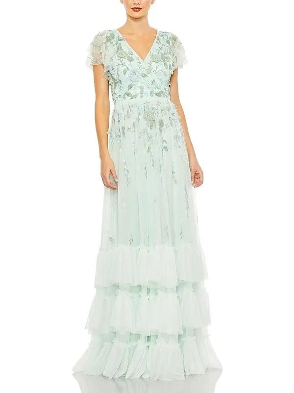 Mac Duggal Ruffle Tiered Embellished Gown - Seafoam