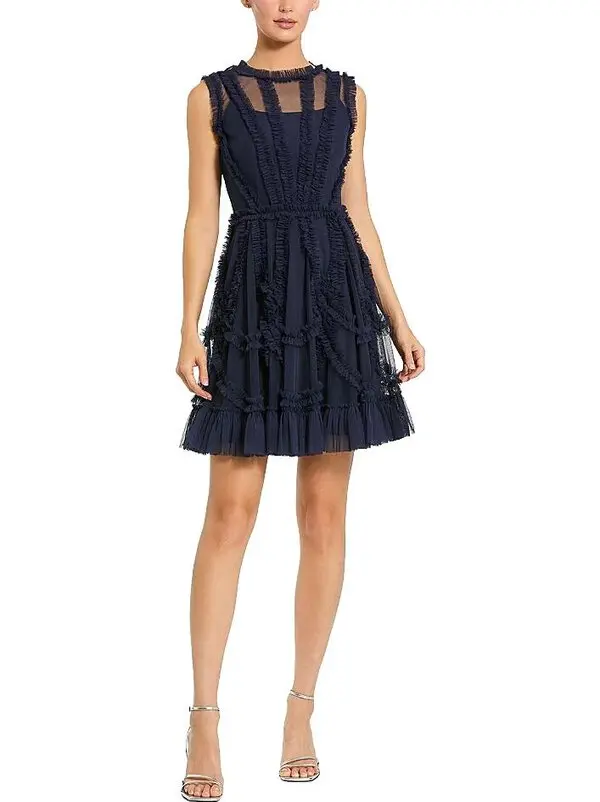 Mac Duggal Mesh Micro Ruffle High Neck Mini Dress - Indigo
