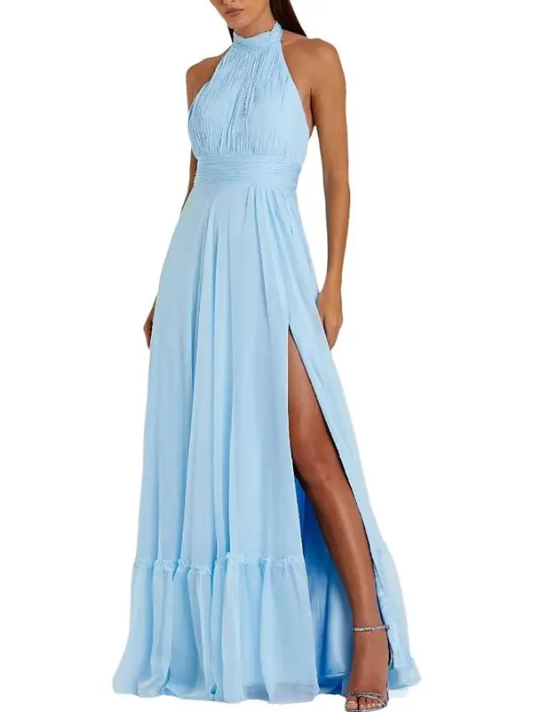 Mac Duggal High Neck Tiered Chiffon Halter Gown - Sky Blue