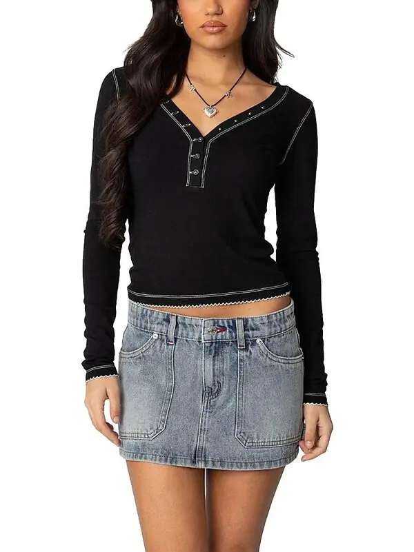 EDIKTED Yael Contrast Stitch Henley Top - Black