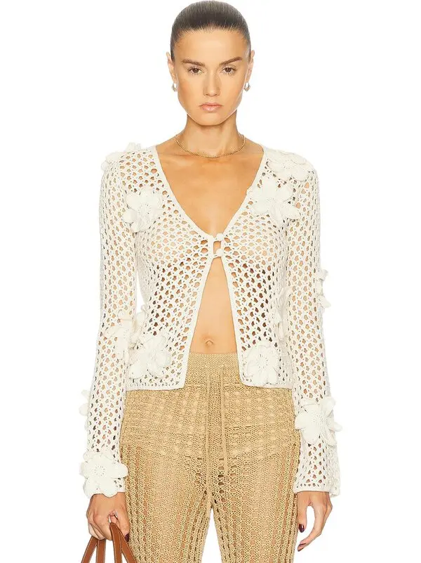 THE ELDER STATESMAN Floral Lace Crochet Cardigan - Ivory & Natural