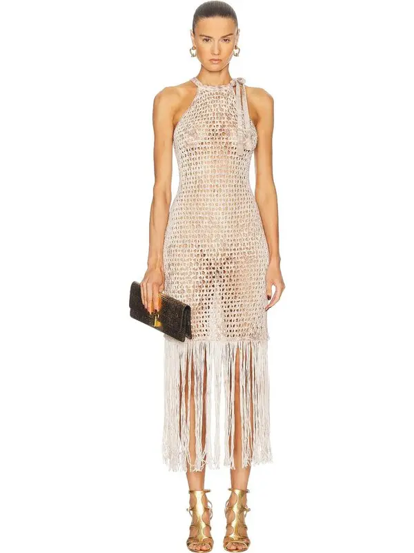Blumarine Long Fringe Dress In Taupe - Chalk & Bear Brown
